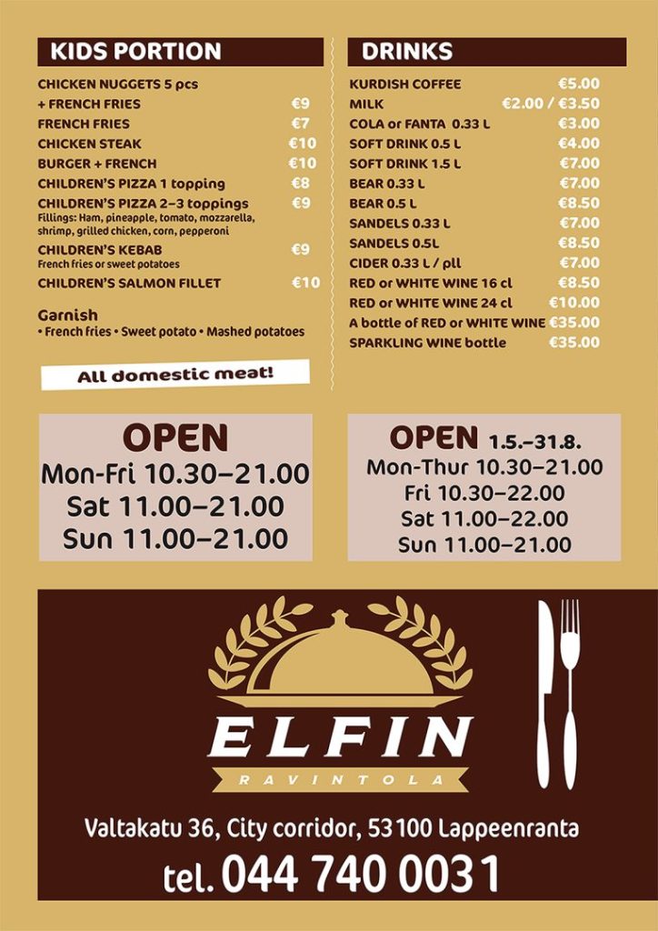 English Menu | Ravintola Elfin